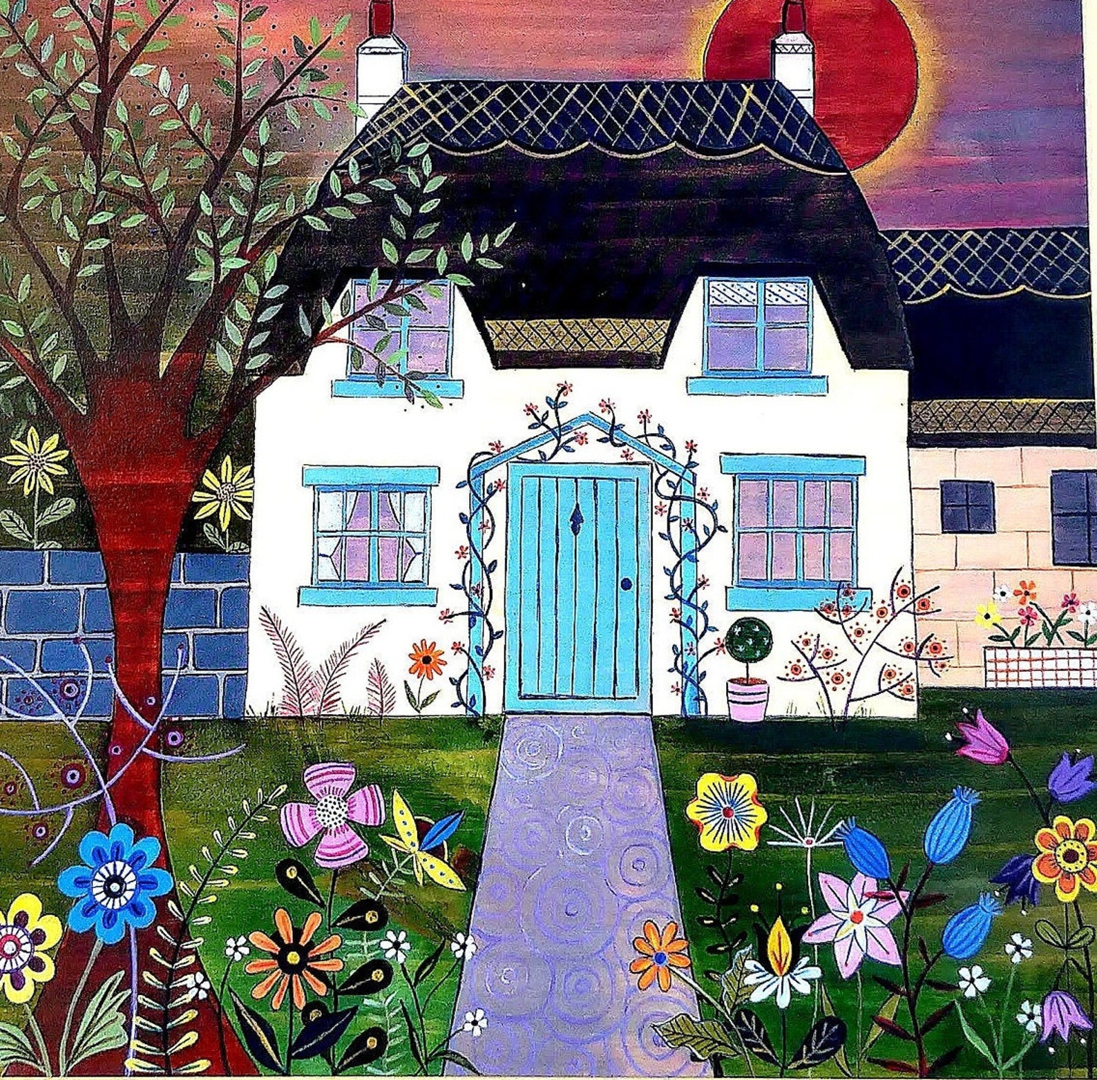 Cottage Garden Art Print, Folk Wall Art, Folk Art Print With Country ...