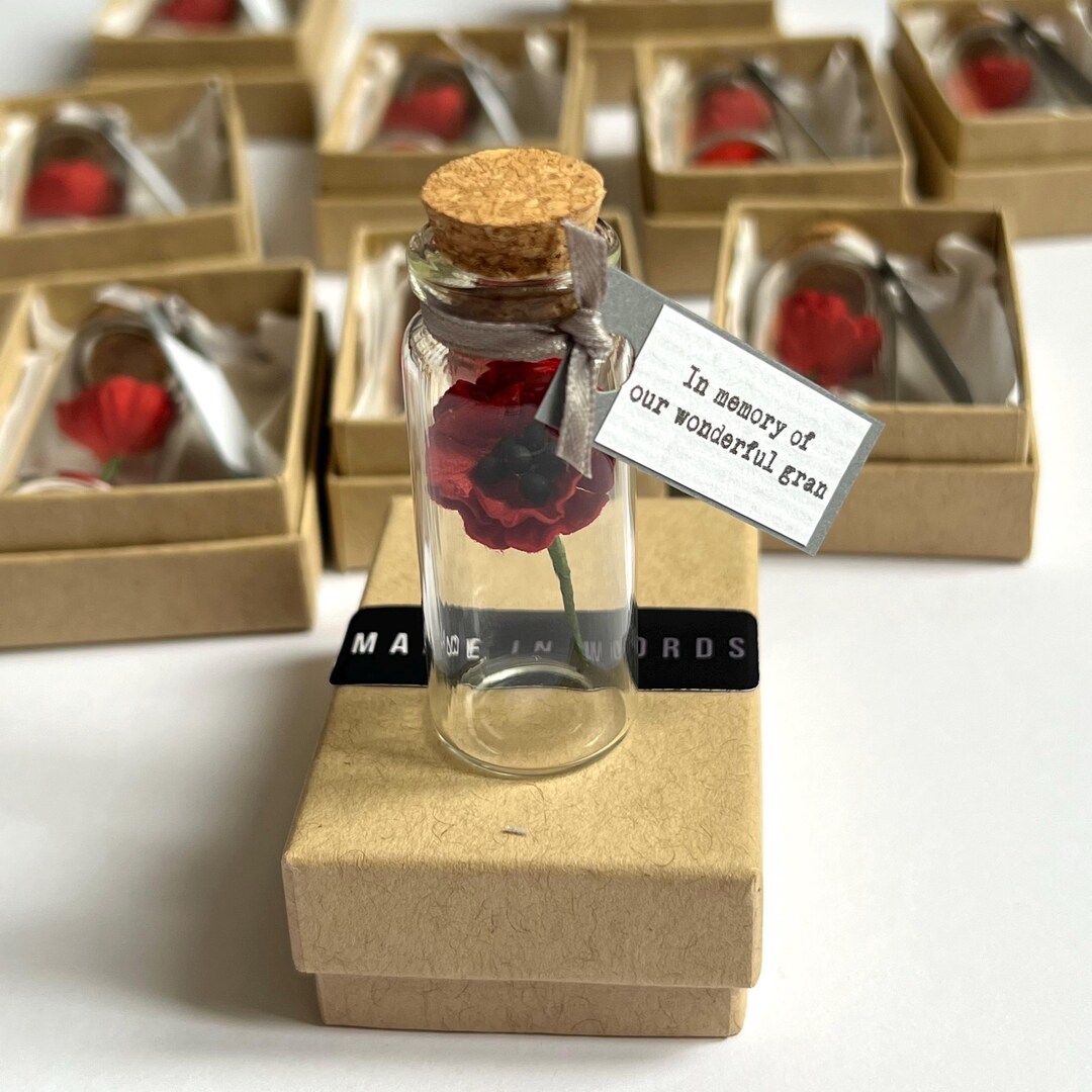 10 Personalised Paper Poppies in Glass Bottle Flower Keepsakes With ...