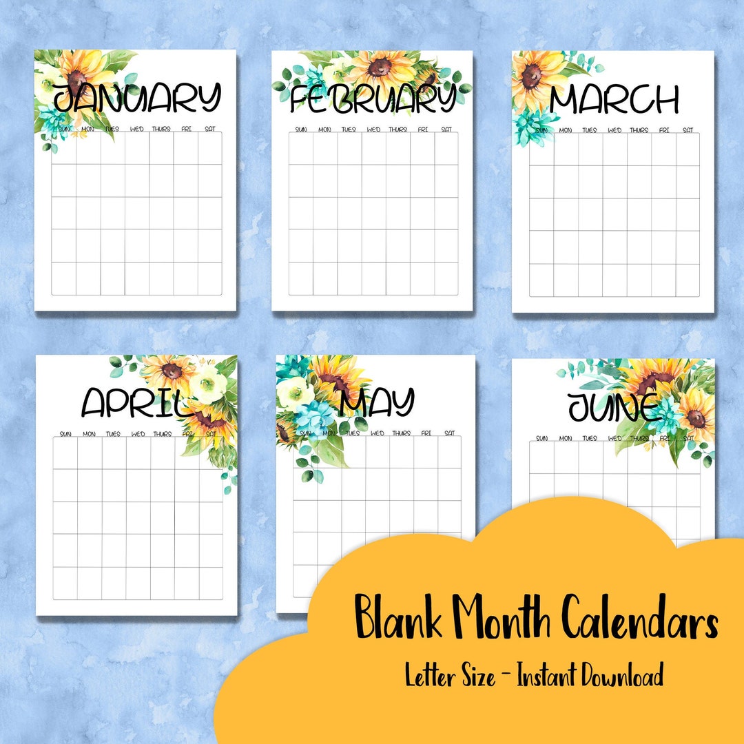 Sunflower Blank Monthly Calendar Printable, Download Planner, Blue and ...