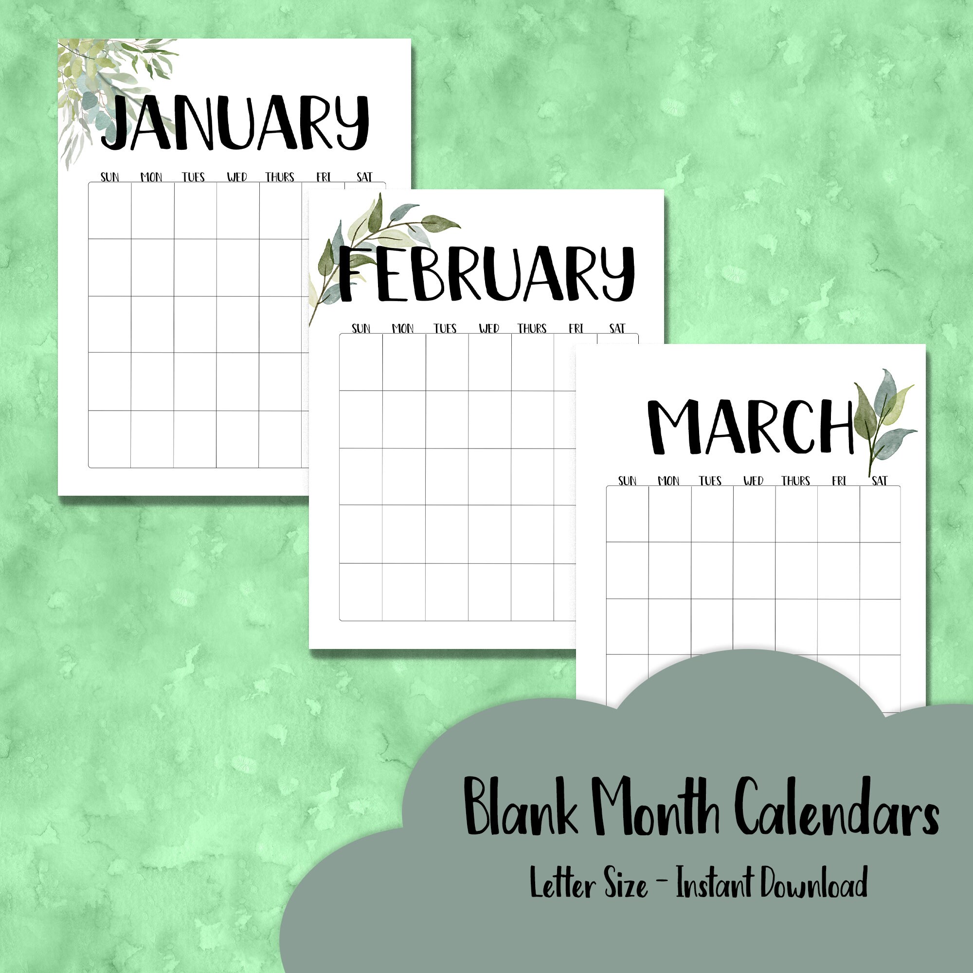 Plants Blank Monthly Calendar Printable, Download Planner, Greenery ...