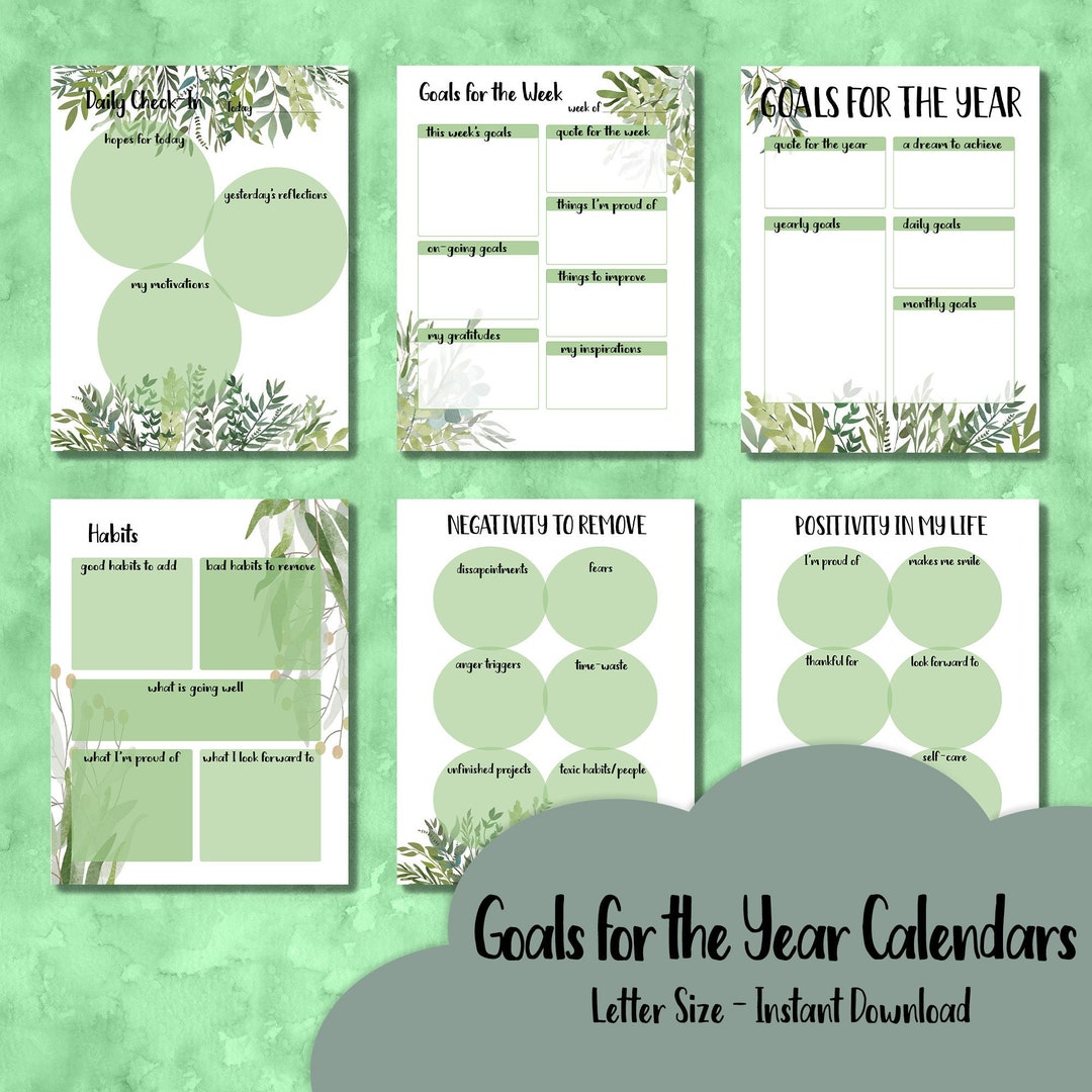 Goals Calendar Printable, Download Planner, Greenery Watercolor ...
