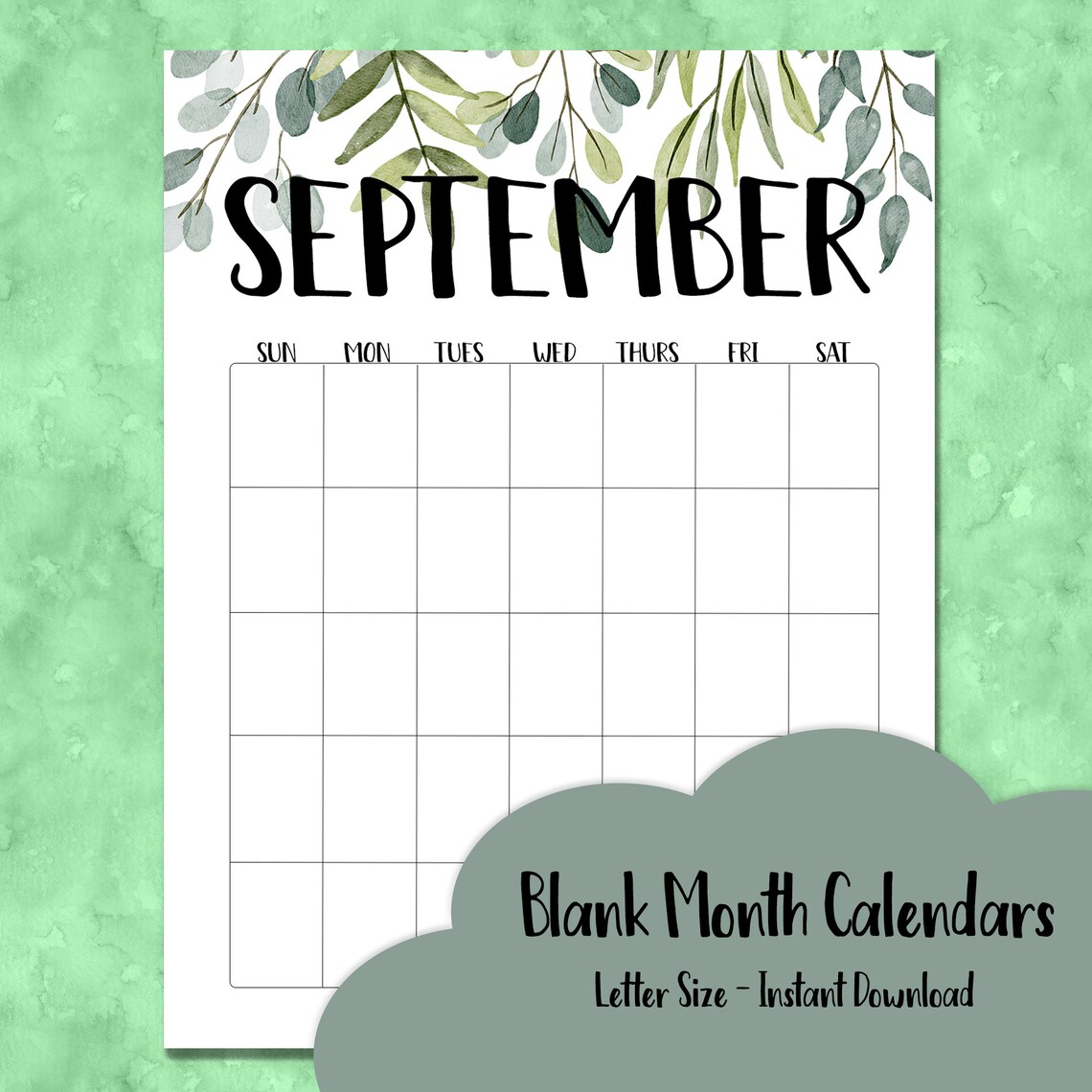 Plants Blank Monthly Calendar Printable, Download Planner, Greenery ...