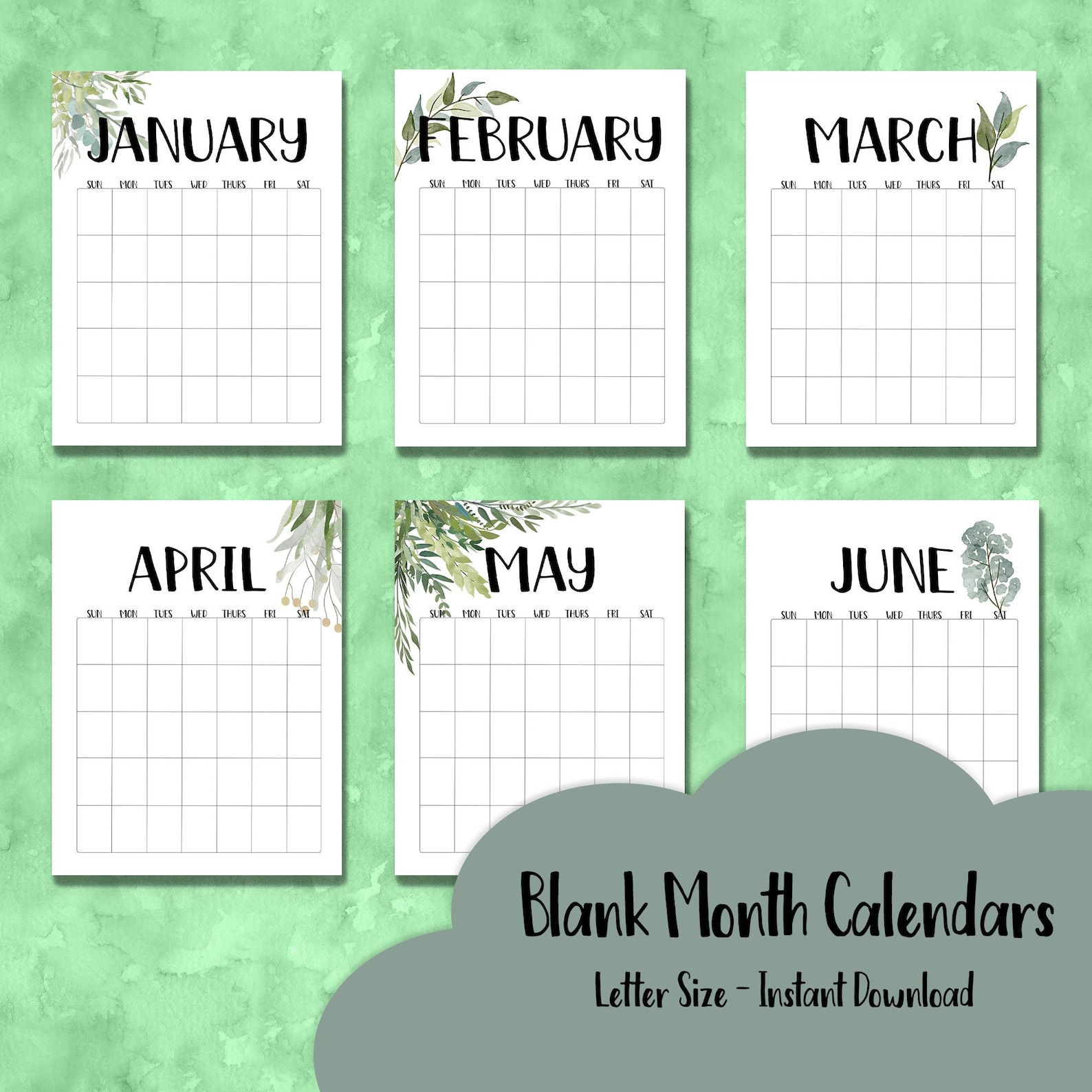 Plants Blank Monthly Calendar Printable, Download Planner, Greenery ...