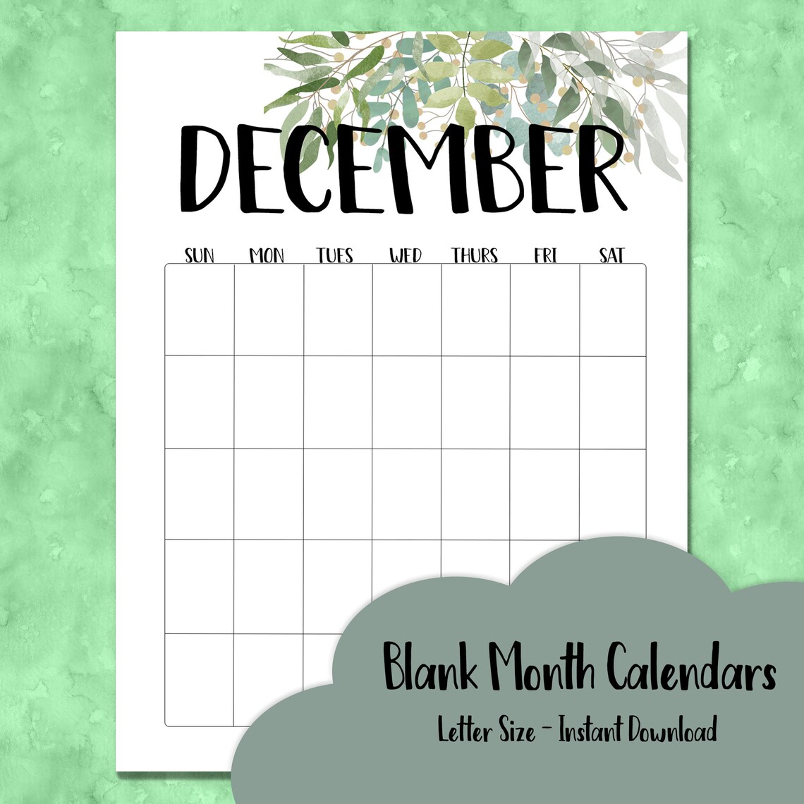 Plants Blank Monthly Calendar Printable, Download Planner, Greenery ...