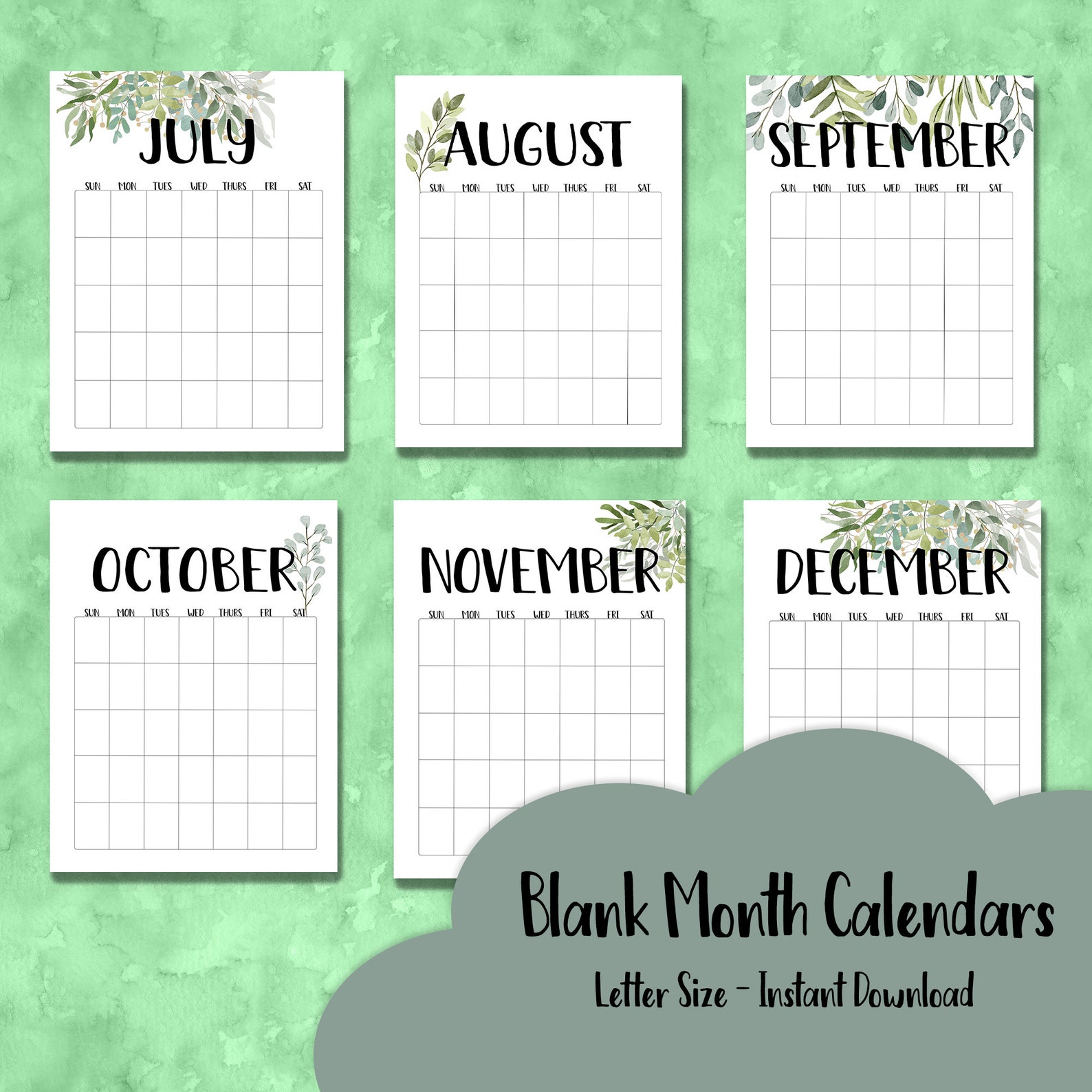 Plants Blank Monthly Calendar Printable, Download Planner, Greenery ...
