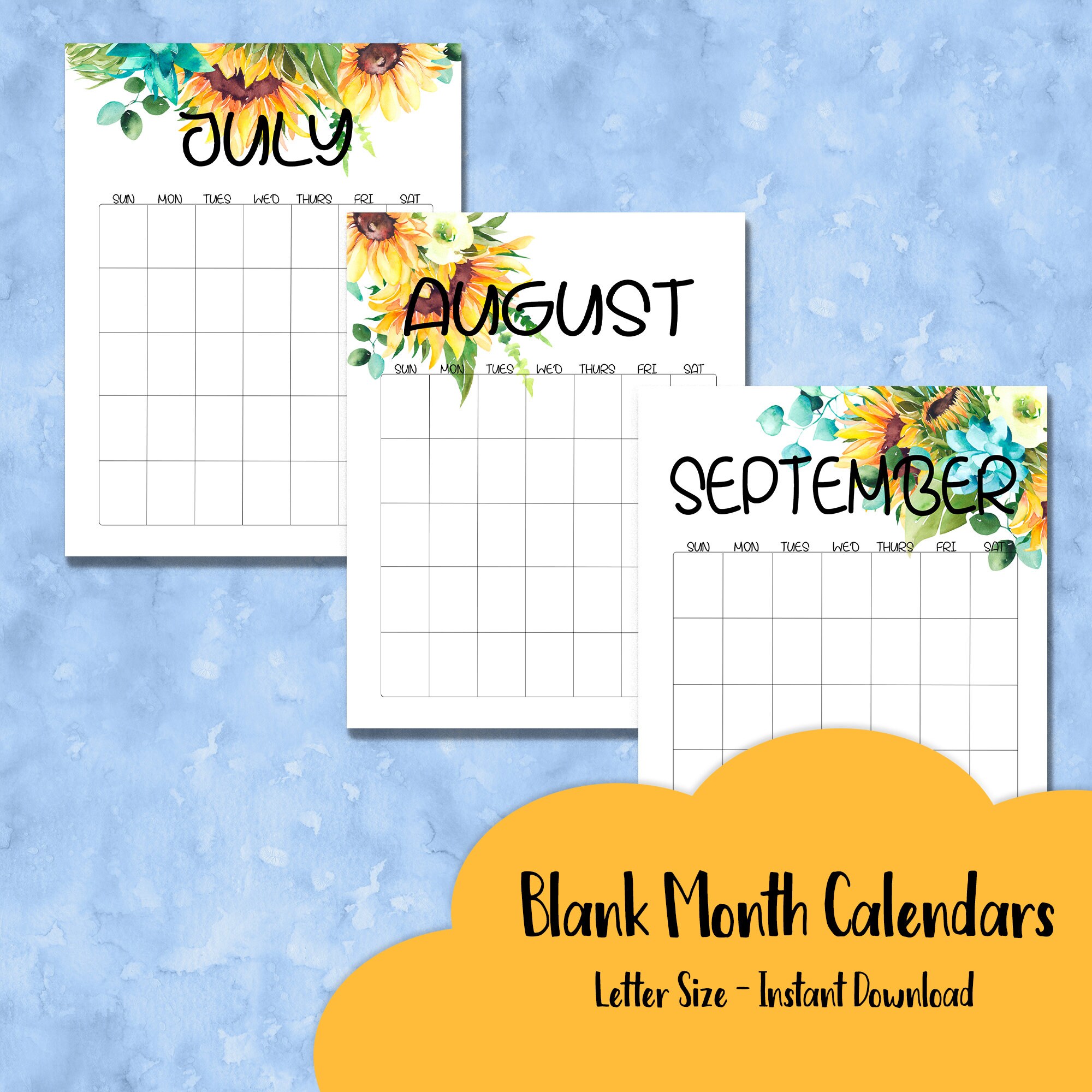 Sunflower Blank Monthly Calendar Printable, Download Planner, Blue and ...