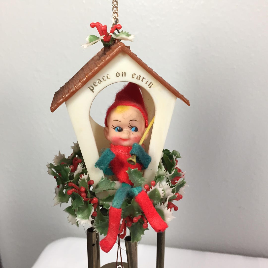 Vintage Christmas Elf Wind Chimes 1970s Holiday Birdhouse Holly Pixie ...
