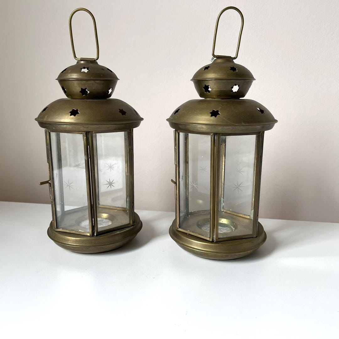 Vintage Brass Lanterns Hanging Tea Light Holders Glass Doors Star ...