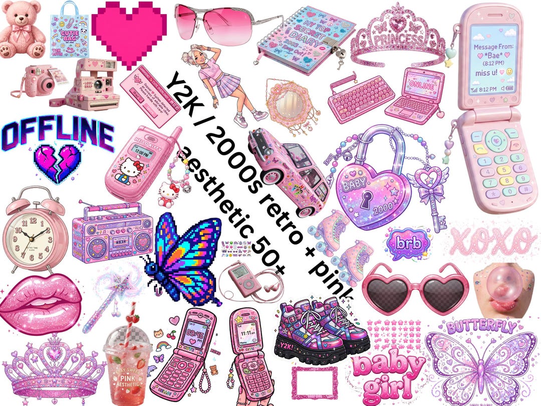 Y2K Clipart Bundle PNG: Retro 2000s Pink Sublimation Designs (50 ...