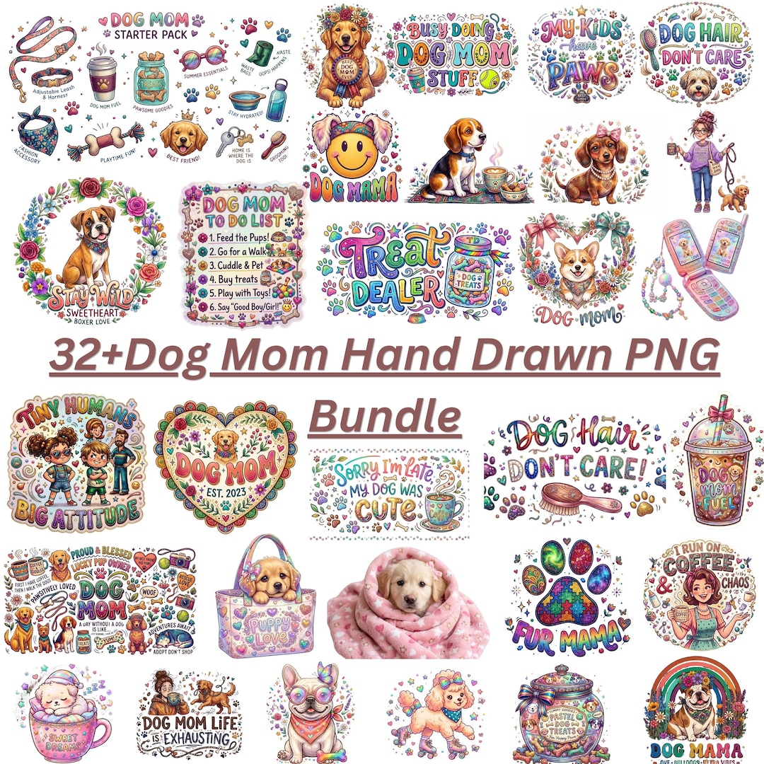 Dog Mom PNG Bundle, Hand Drawn Retro Dog Lover Clipart (digital ...