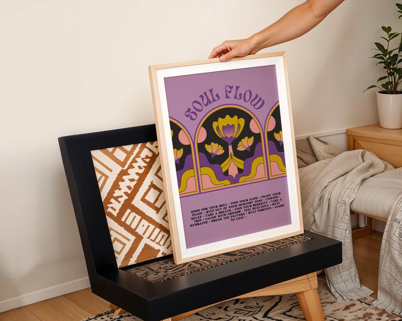 Soul Flow Retro Poster, Pink Purple Groovy Wall Art Print, Digital ...