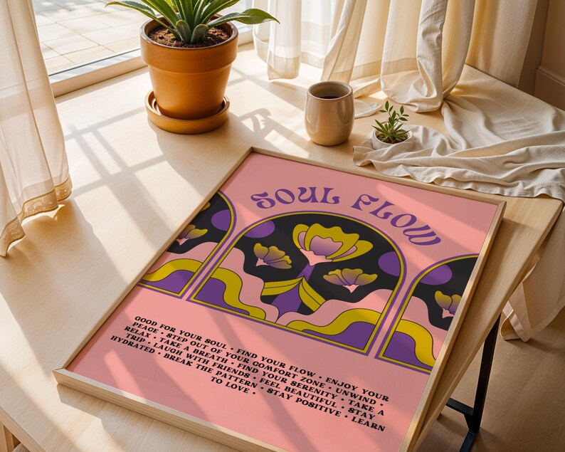 Soul Flow Retro Poster, Pink Purple Groovy Wall Art Print, Digital ...