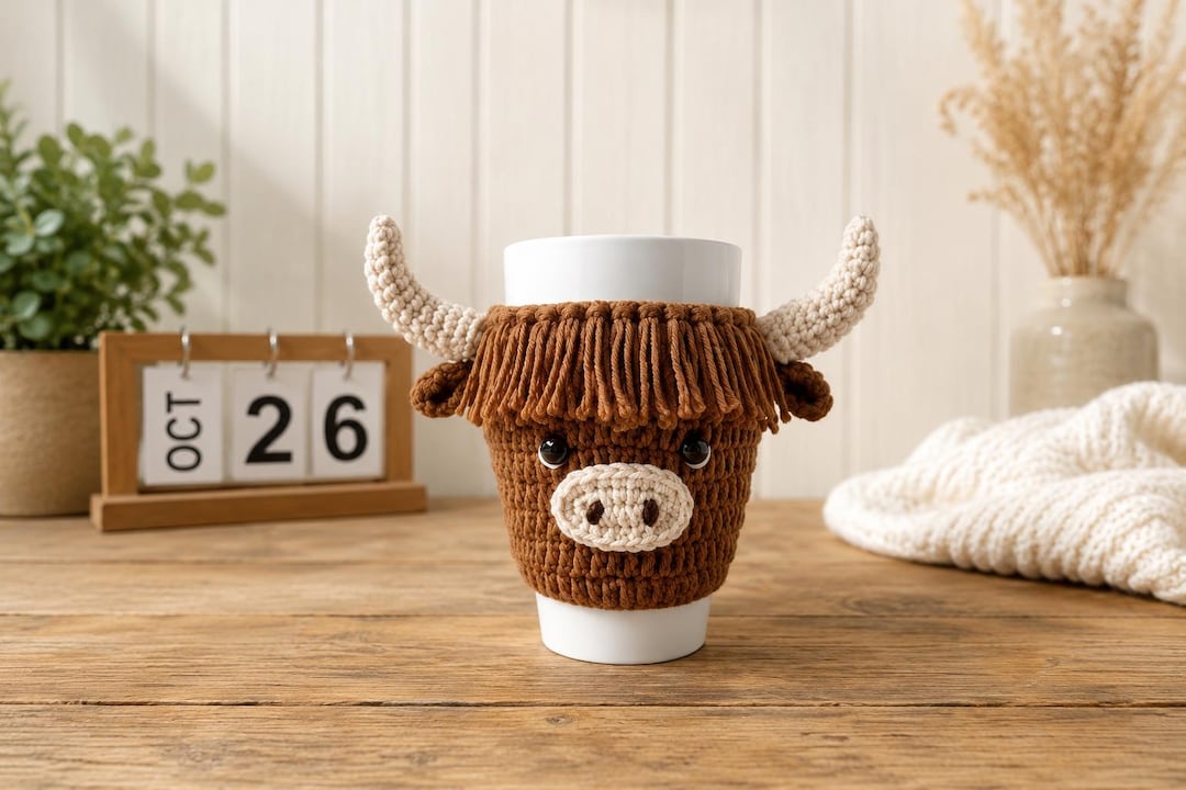 Highland Cow Crochet Cup Cozy Pattern | Amigurumi Coffee Sleeve PDF ...