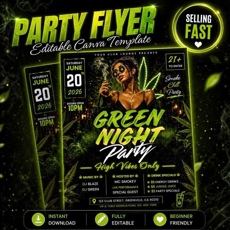 Green Night Party Flyer Template, Neon Club Event Poster (canva ...
