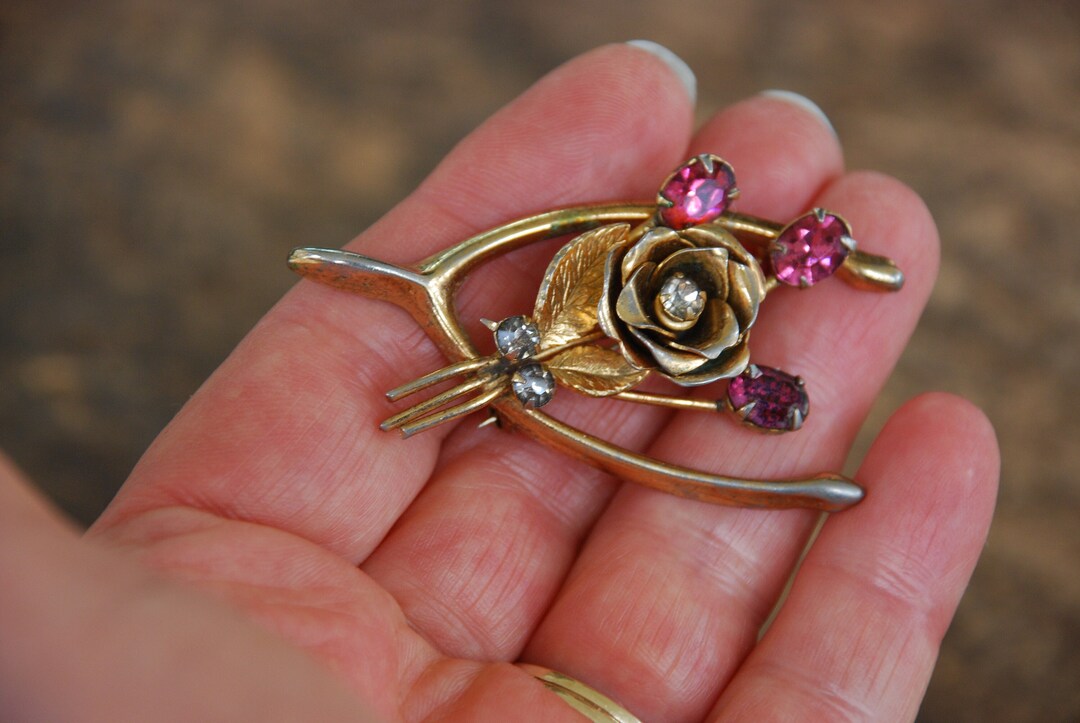 Vintage CORO Brooch Lucky Wishbone Rose Bouquet Pink Rhinestone ...