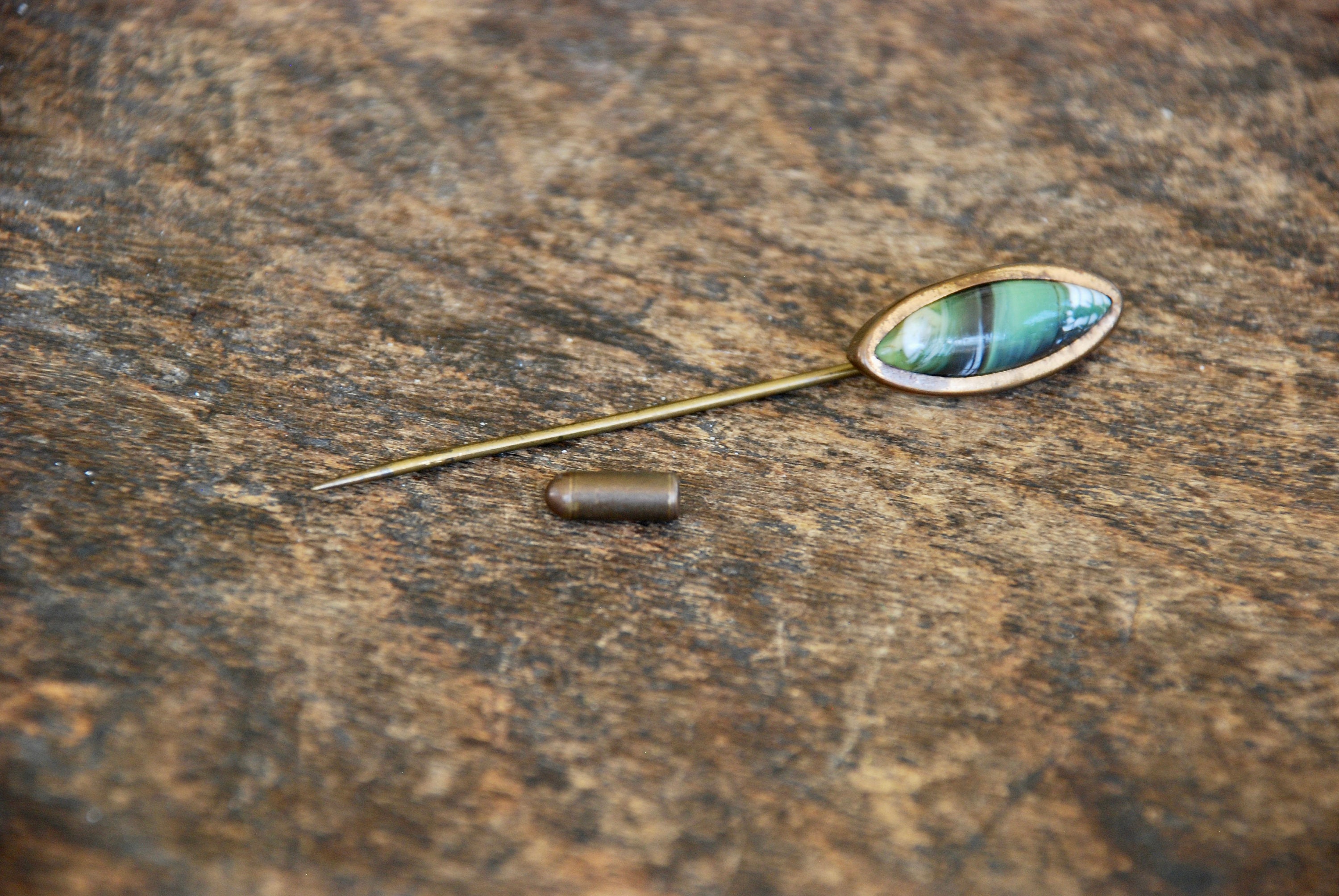 Vintage Art Deco Stick Pin Brooch Brass Green Art Glass Cabochon 1920's ...