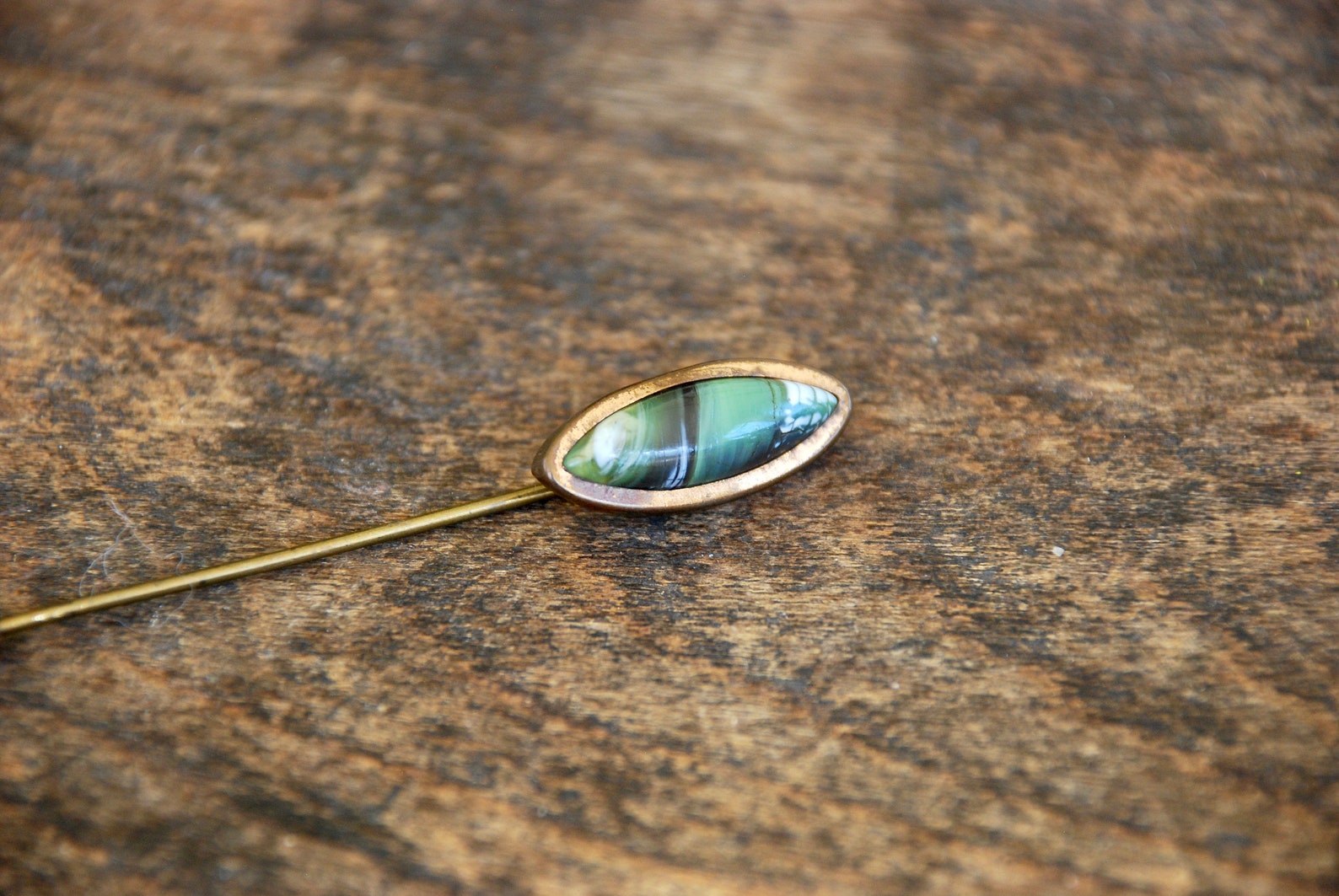 Vintage Art Deco Stick Pin Brooch Brass Green Art Glass Cabochon 1920's ...