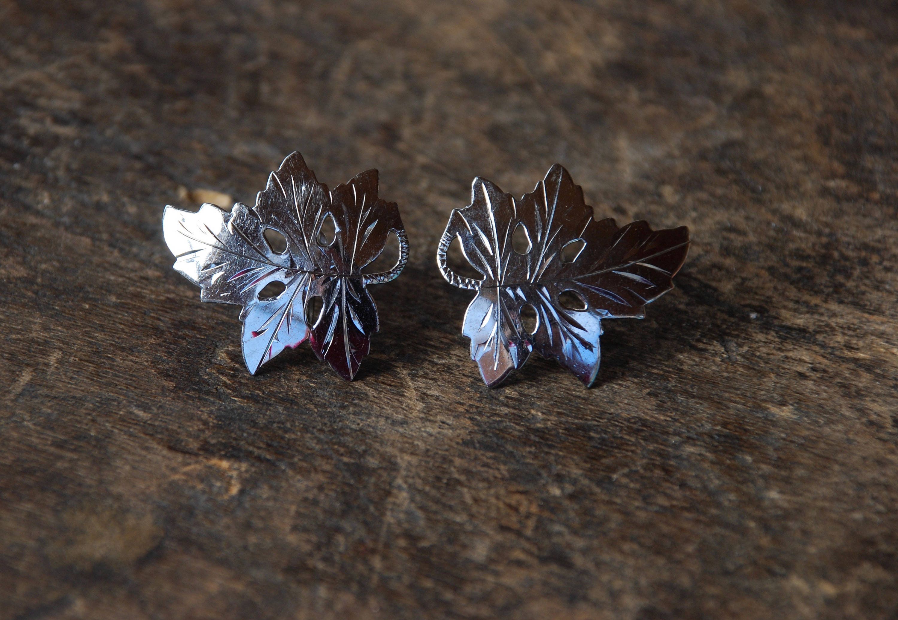 Vintage Sterling Silver Screw Back Earrings Large Stamped Leaf Spring ...