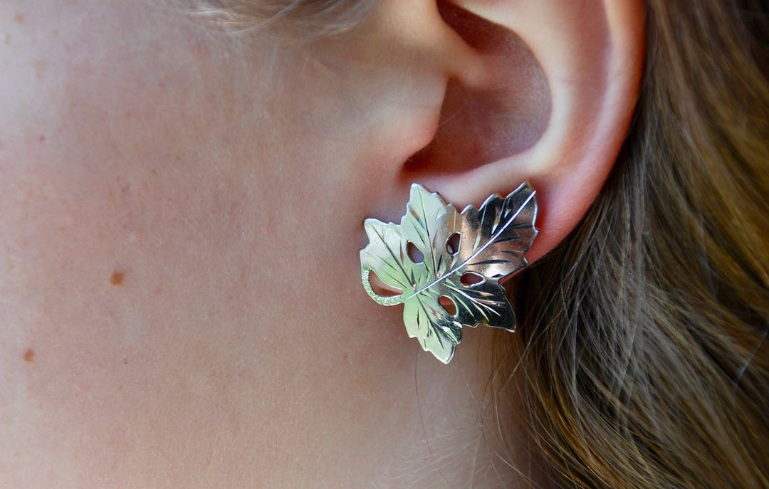 Vintage Sterling Silver Screw Back Earrings Large Stamped Leaf Spring ...