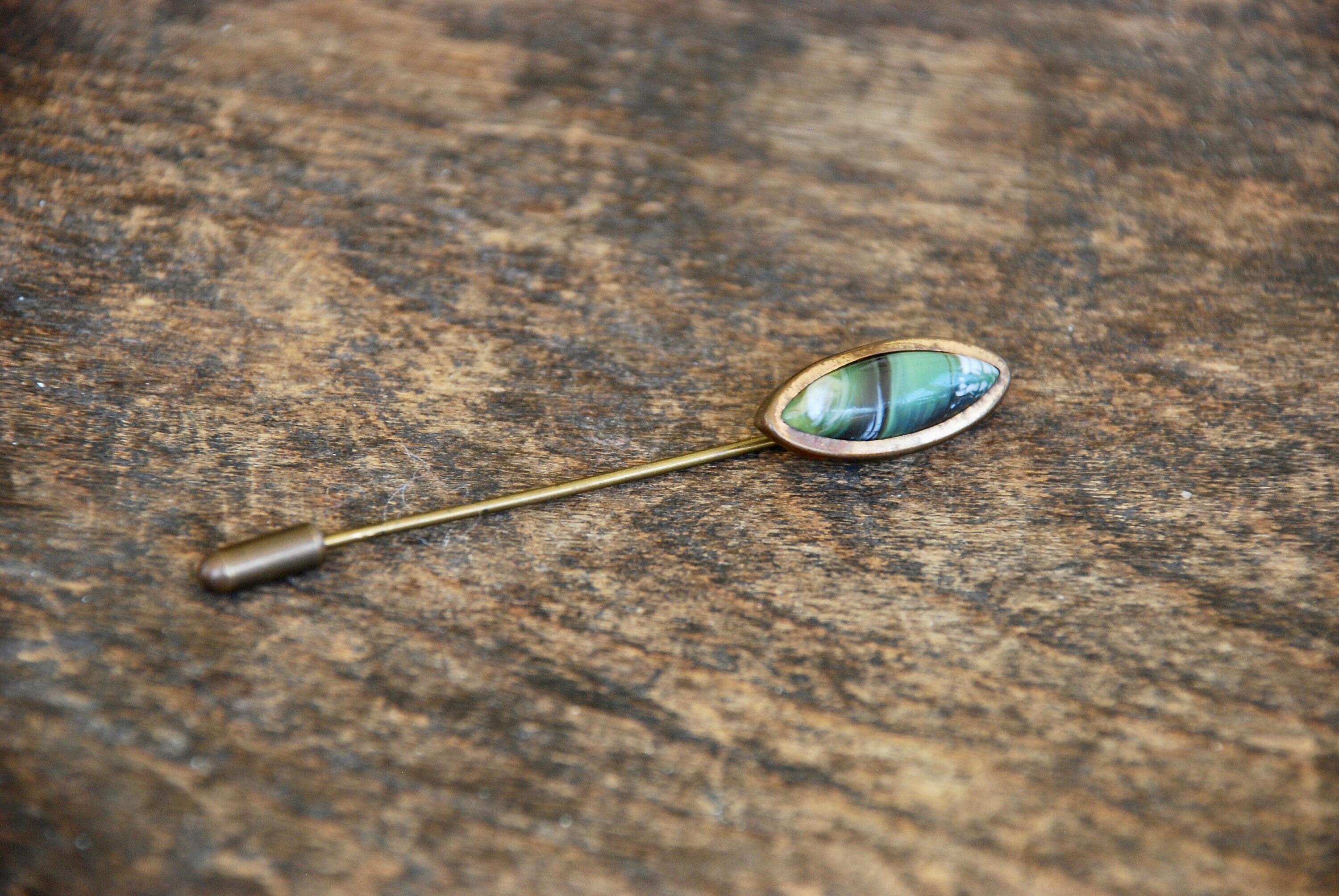 Vintage Art Deco Stick Pin Brooch Brass Green Art Glass Cabochon 1920's ...