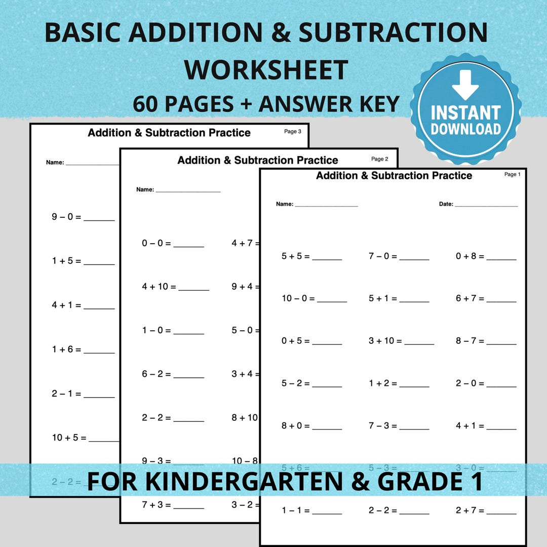 60 Printable Kindergarten Grade 1 Addition and Subtraction Worksheets ...