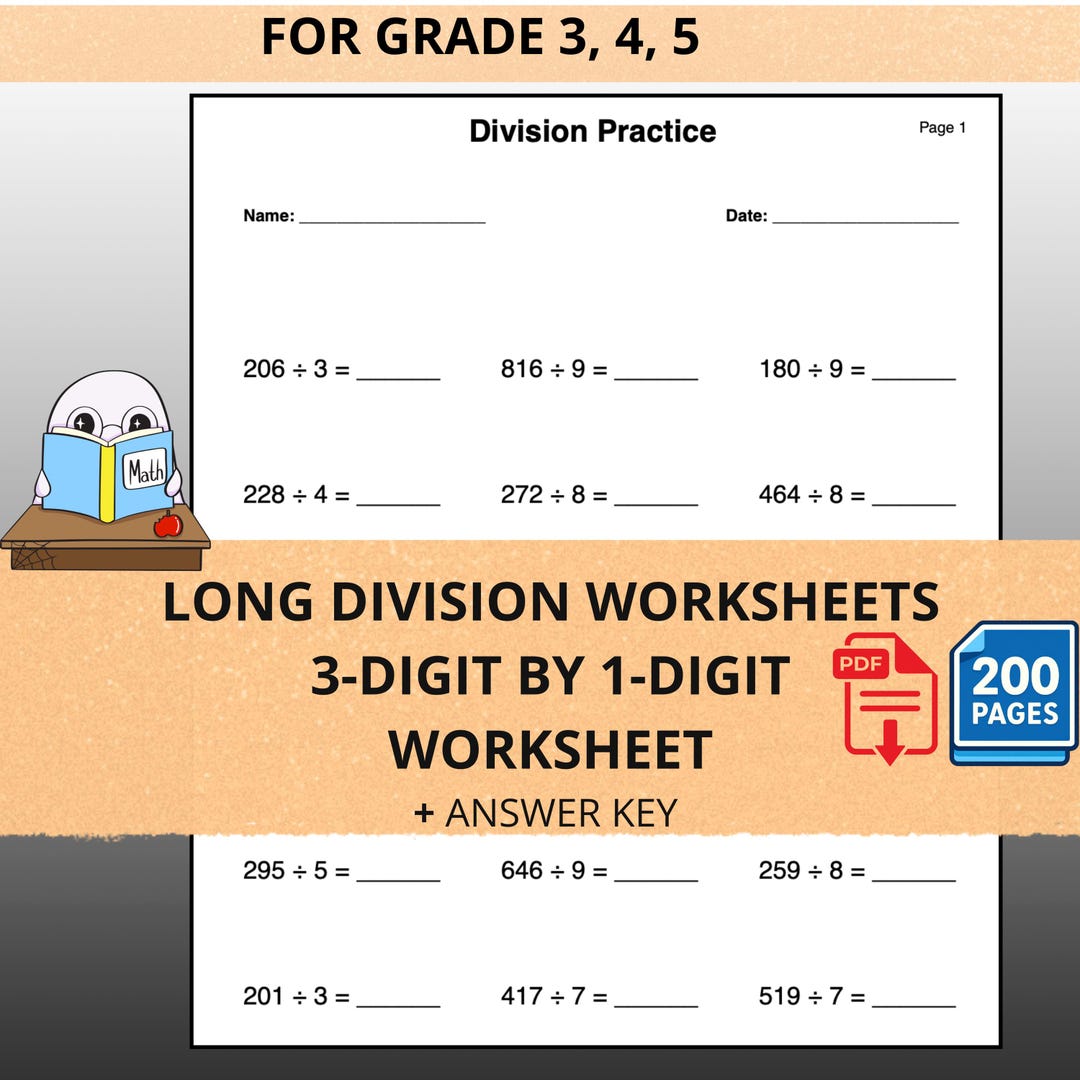 Long Division Worksheets 3-digit by 1-digit | 200 Practice Pages (PDF ...