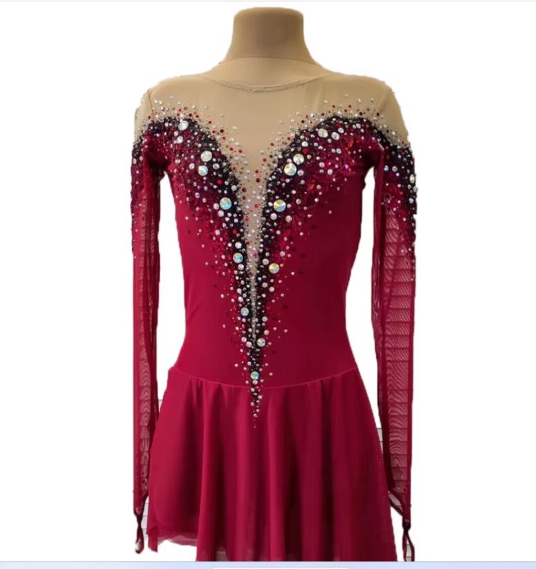 Crimson Rhapsody Diamond Ice Skating Dress – Long Sleeve Competition ...