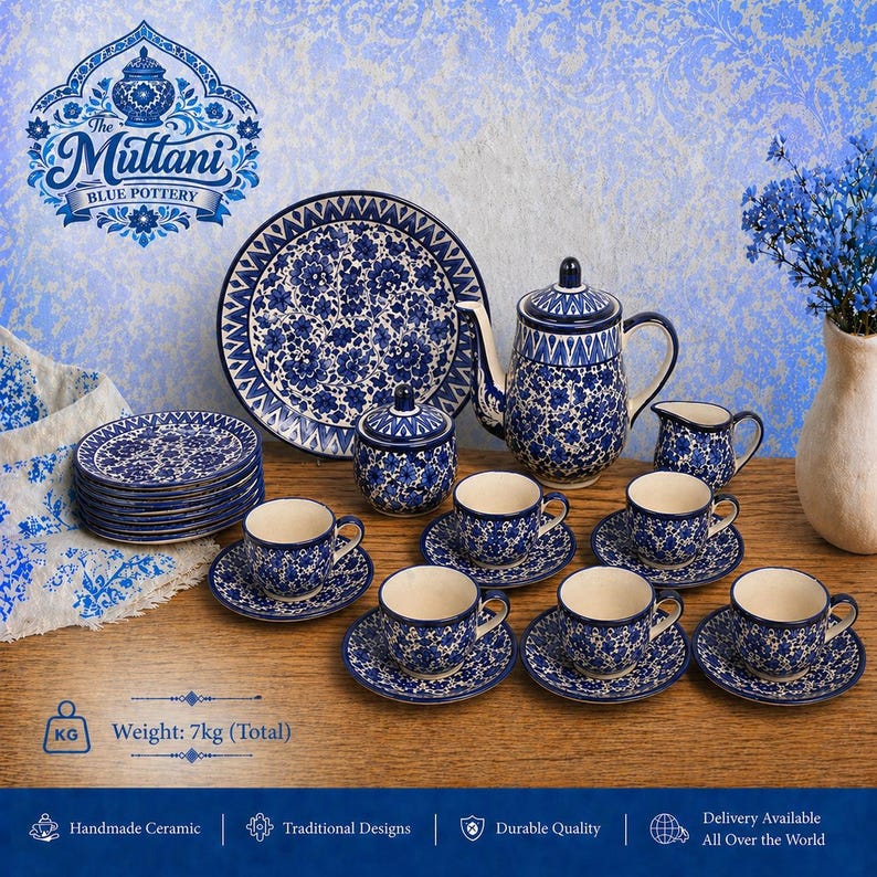 Hand-painted Blue Pottery Tea Set | 22-piece Ceramic Teapot, Cups ...