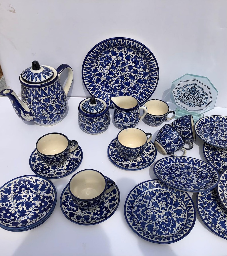 Hand-painted Blue Pottery Tea Set | 22-piece Ceramic Teapot, Cups ...