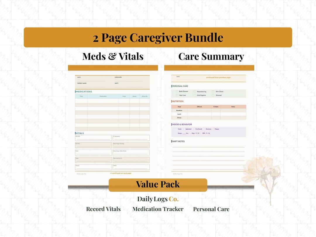 Caregiver Daily Log Printable | Medications, Vitals, Nutrition, Mood ...