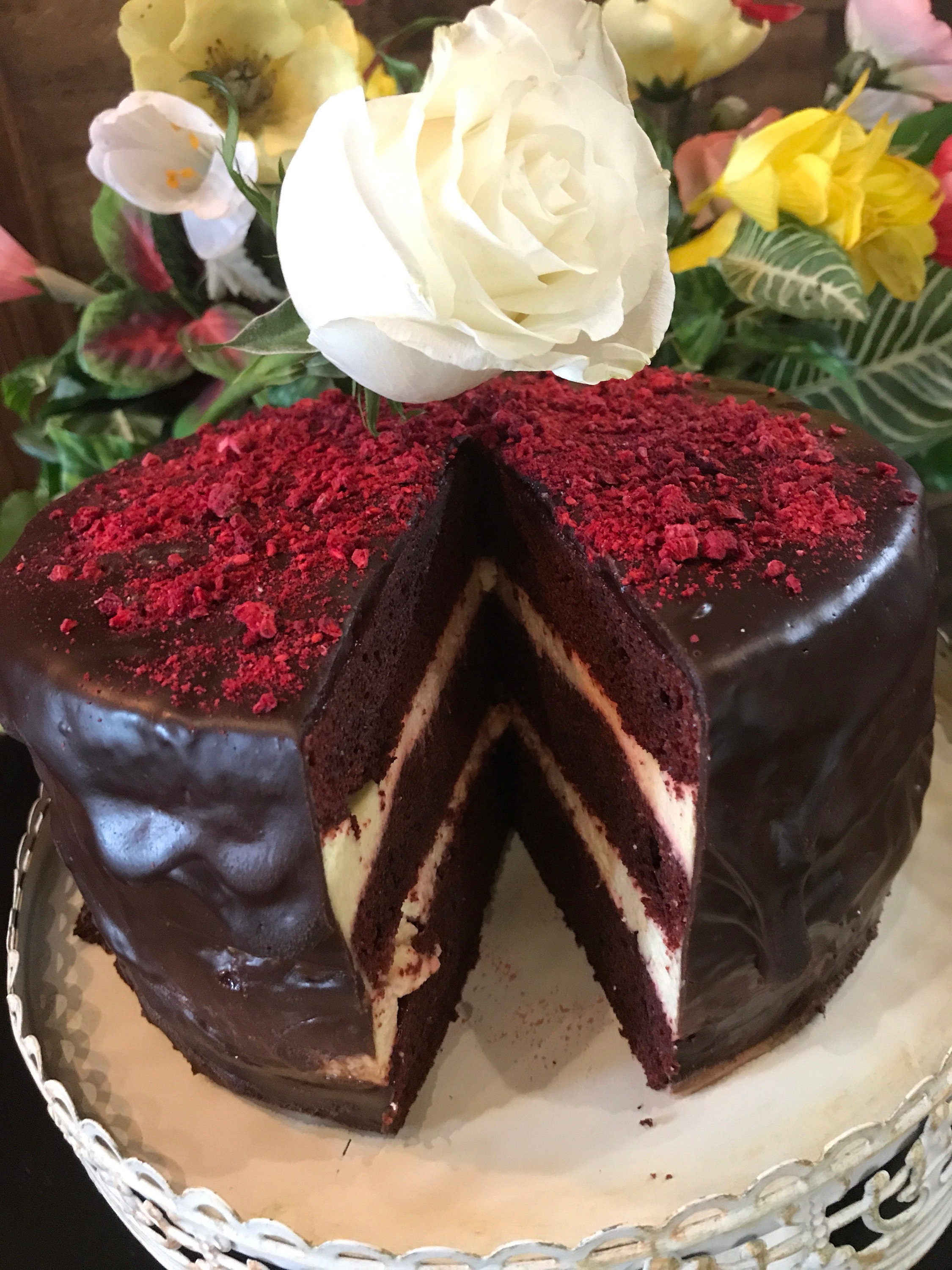 Vegan Red Velvet Chocolate Raspberry birthday cake 8 ,no eggs,no dairy.