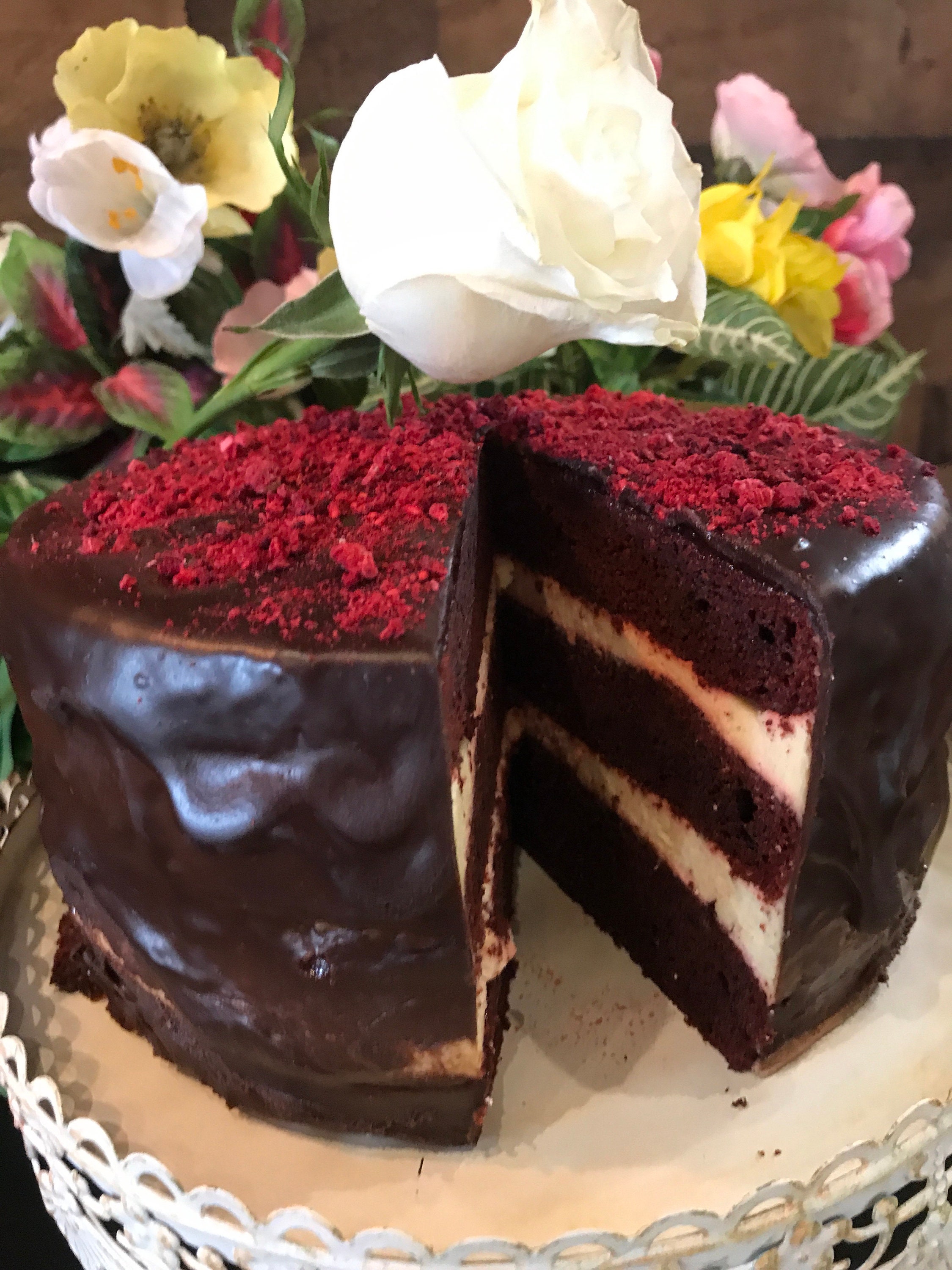 Vegan Red Velvet Chocolate Raspberry birthday cake 8 ,no eggs,no dairy.