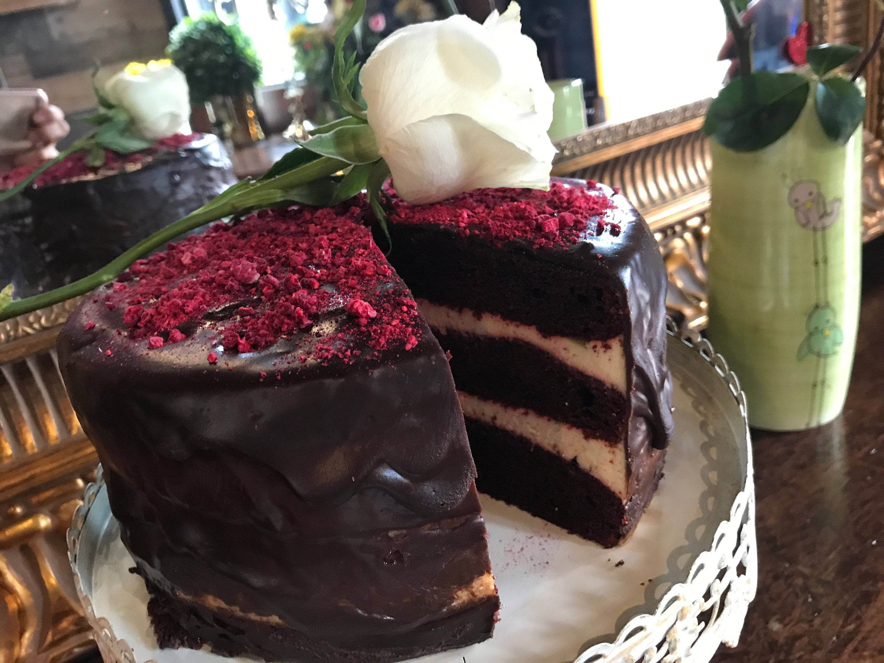 Vegan Red Velvet Chocolate Raspberry birthday cake 8 ,no eggs,no dairy.