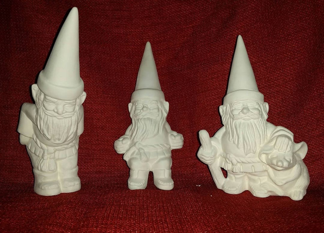 Unpainted Ceramic Set of 3 Gnomes Fairy Garden Set of Dwarves Unpainted ...