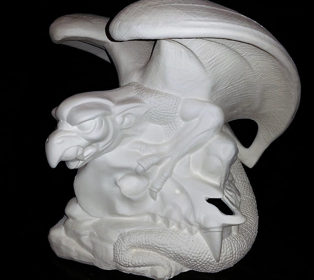 Unpainted Ceramic Gargoyle Sitting on Large Skull Unpainted Ceramic ...