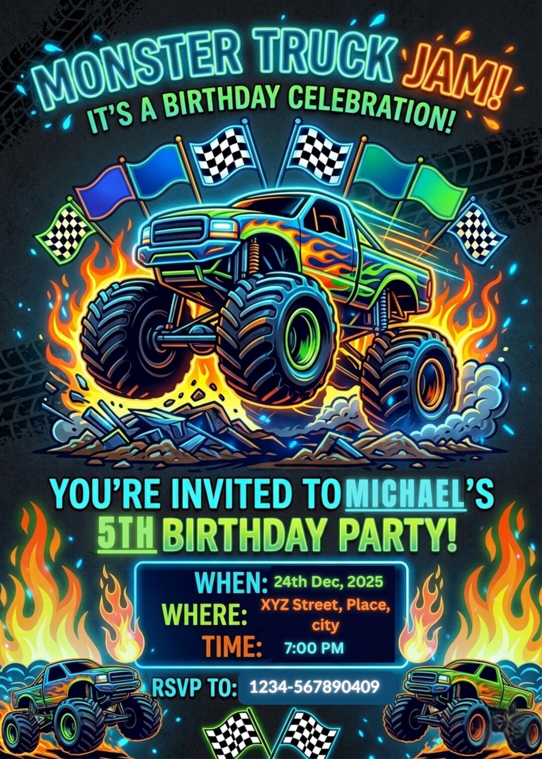 Monster Truck Birthday Invitation, Editable Racing Theme Party Card ...