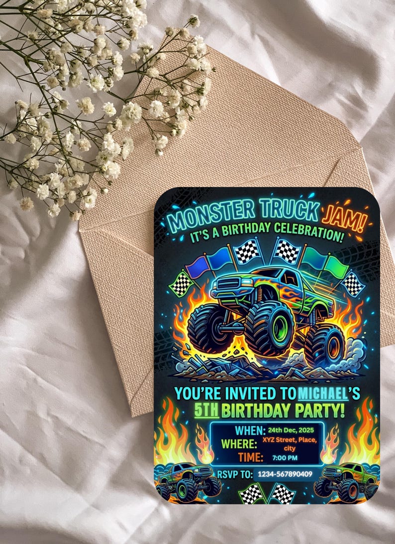 Monster Truck Birthday Invitation, Editable Racing Theme Party Card ...