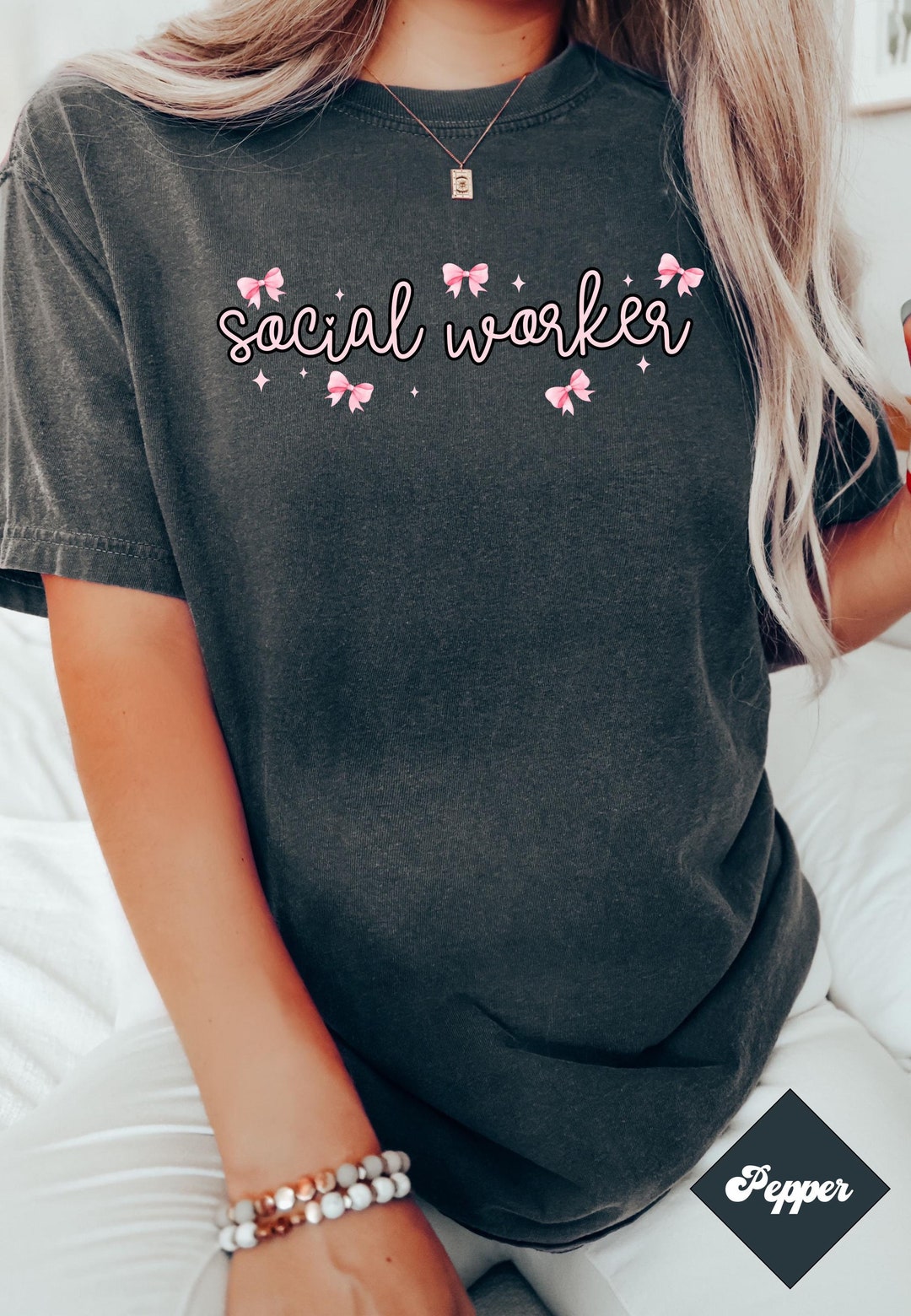 Comfort Colors Social Worker Pink Bow Tee, Coquette Social Work Graphic ...