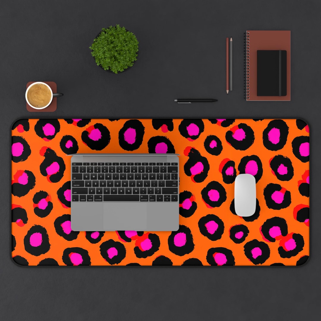 Neon Pink and Orange Leopard Print Desk Mat, Colorful Mouse Pad, Work ...
