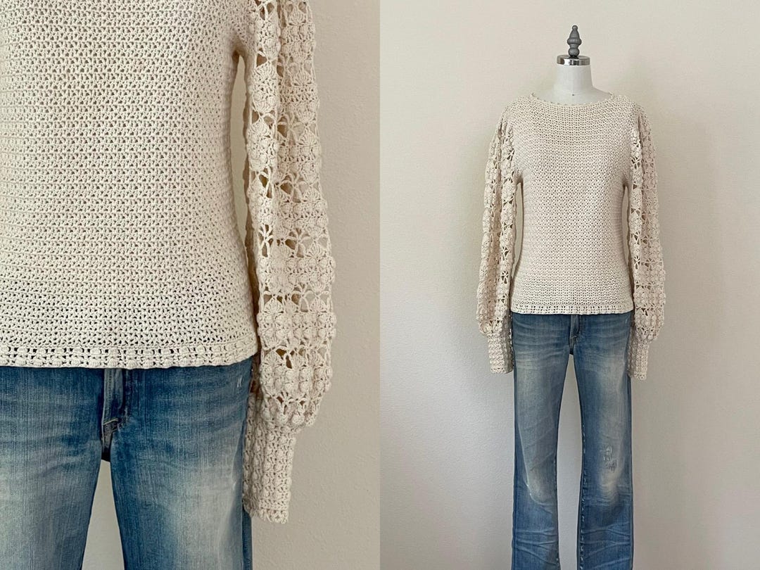 Vintage 80s Crochet Top, 1980s Hand Crocheted Cream Lace Knit Blouse ...