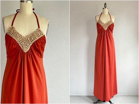 Vintage 70s Maxi Halter Dress / 1970s Rust Macrame Beaded - Etsy