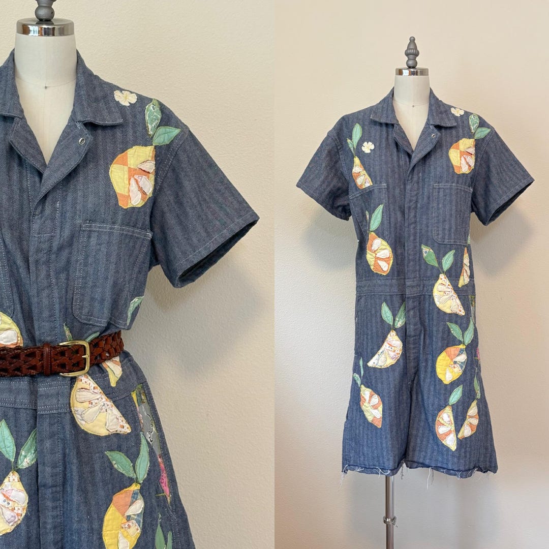 Vintage Upcycled Patched Coveralls, Lemon Applique Indigo Herringbone ...