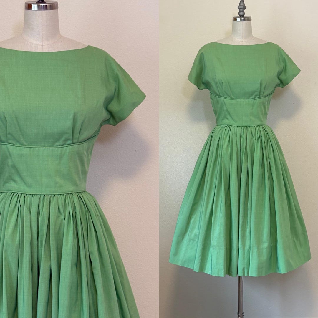 Vintage 50s Dress, 1950s Green Cotton Blend Dress, Spring Dress, Easter ...