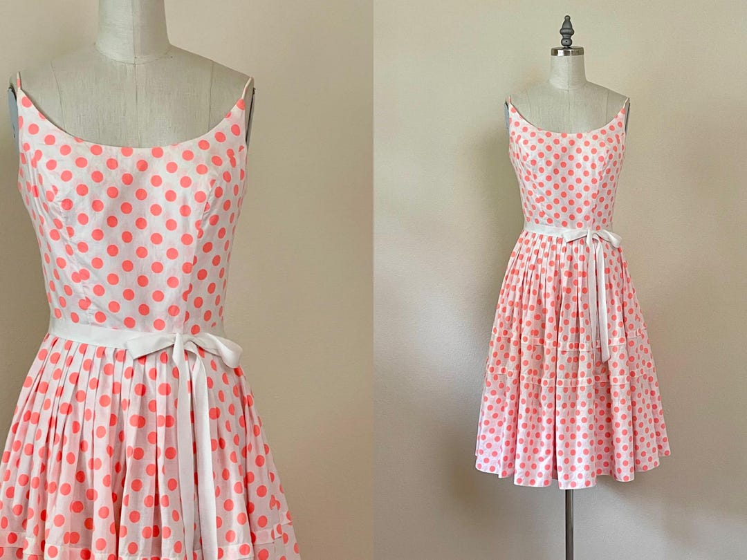 Vintage 50s Sundress, 1950s Coral White Polka Dot Full Skirt Sundress ...