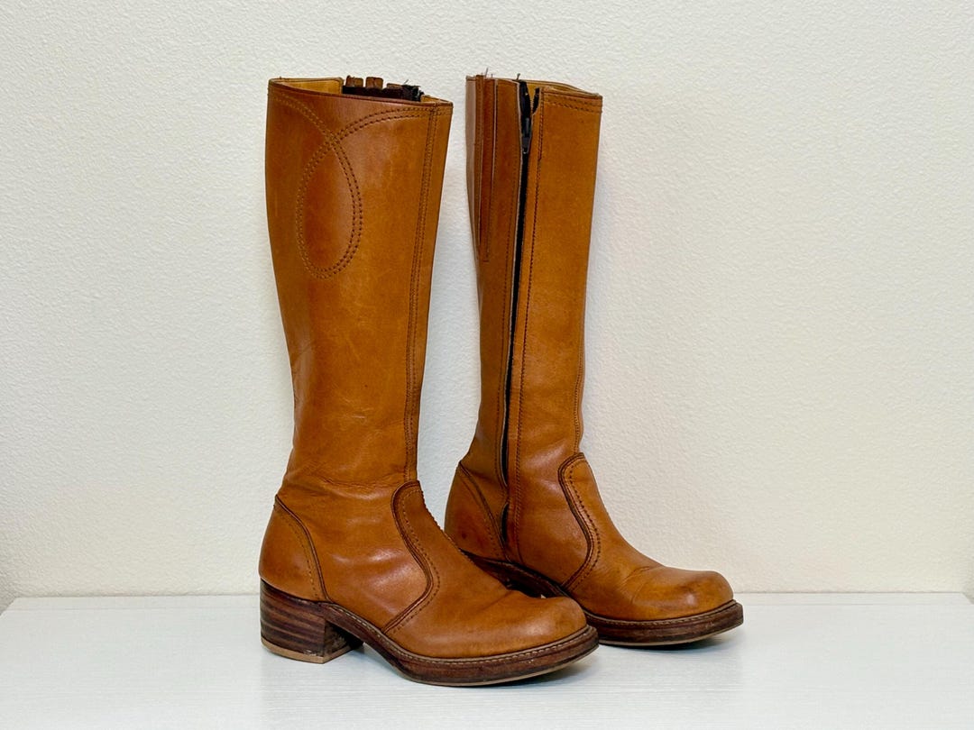 Vintage Leather Boots, 70s Bort Carleton Cognac Brown Knee High Boots ...