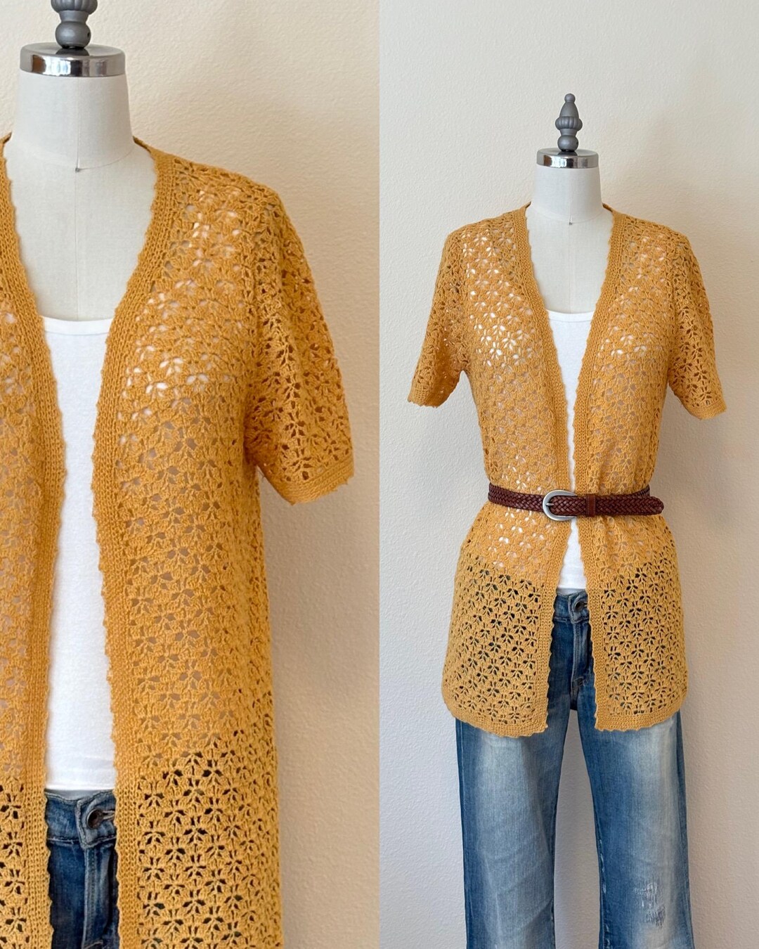 Vintage 70s Crochet Cardigan, 1980s Hand Made Gold Lace Knit Open Front ...