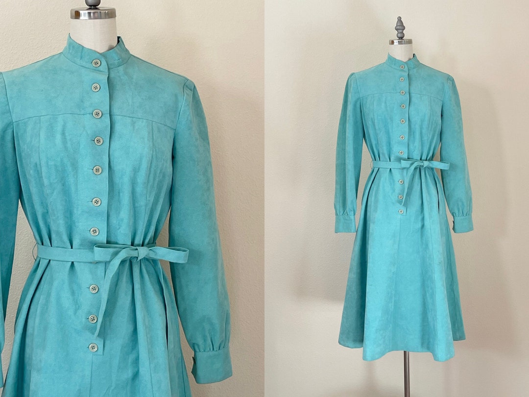 Vintage 1970s Mollie Parnis Dress, 70s Aqua Ultrasuede Chamois ...