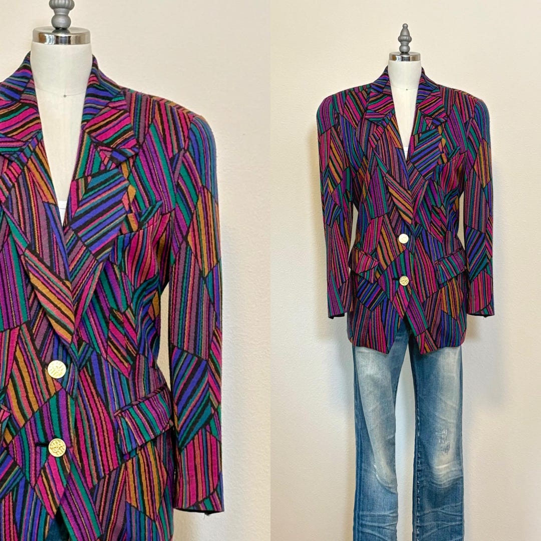 Vintage 80s Patterned Jacket, 1980s Mod Rainbow Stripe Wool Jersey ...