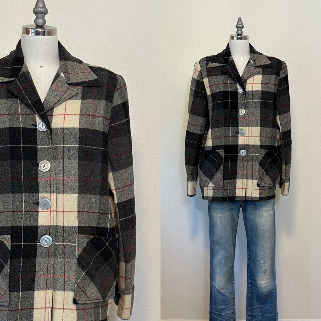 Vintage 50s Wool 49er Jacket, 1950s Wedgmoor Wool Plaid Car Coat, Black Grey Plaid, Winter ...