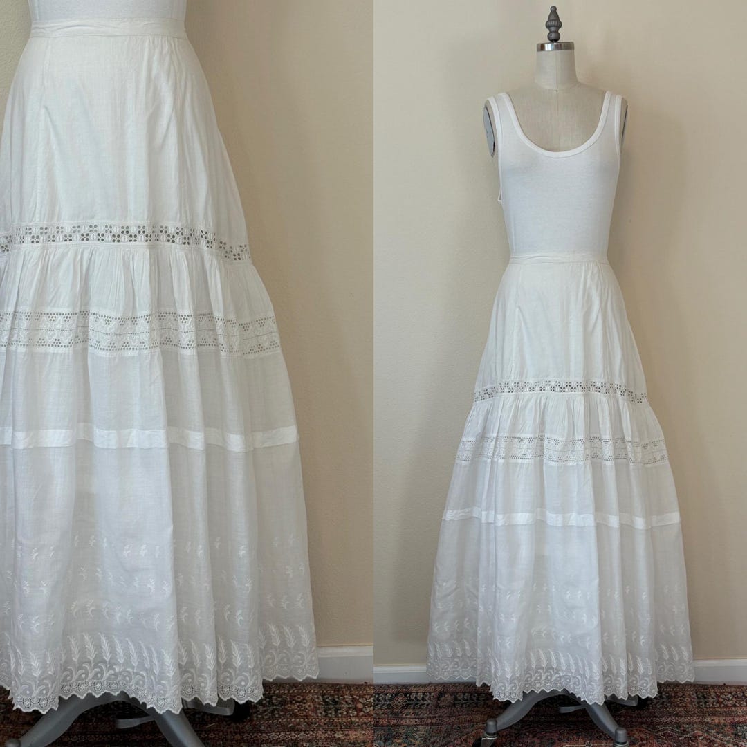 Vintage Edwardian Petticoat, 1900 Embroidered Eyelet Lace Antique White Cotton Full Length Maxi ...